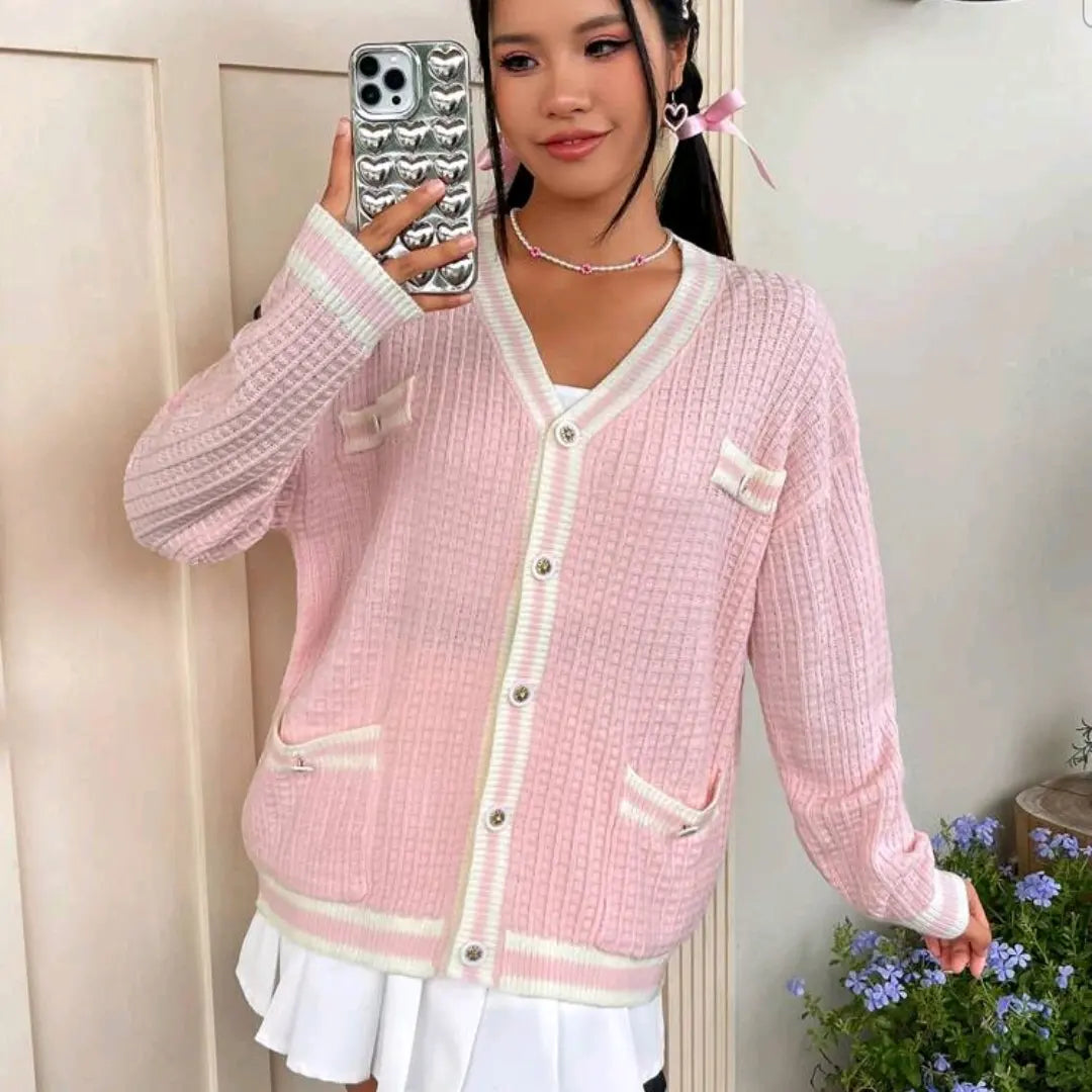 Cardigan Rose bonbon avec détails beige – Asianshop Maroc